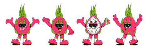 복고풍 그루비 과일 캐릭터를 설정합니다 용과 만화 마스코트의 손으로 그린 낙서 귀여운 만화 캐릭터가 있는 현대적인 일러스트 현대적인 복고풍 분위기로 꾸며져 있습니다 1970