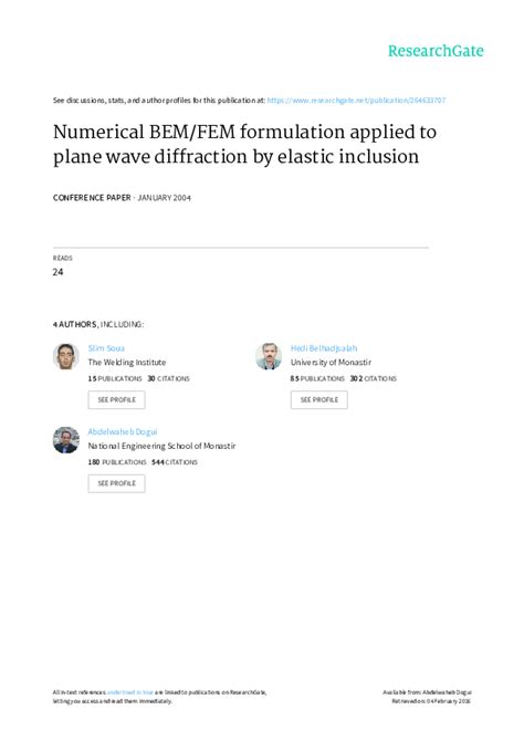 Pdf Numerical Bemfem Formulation Applied To Plane Wave Diffraction By Elastic Inclusion