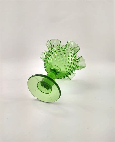 Fenton Green Glass Hobnail Crimped And Ruffled Vase Etsy