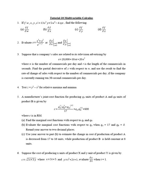 tutorial 10 multivariable calculus pdf derivative mathematics