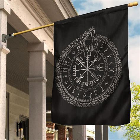 Viking Garden Flag Viking Vegvisir With Ouroboros And Runes Fabric