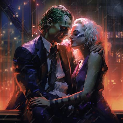 Premium Ai Image Batman And Lady Joker Kissing In A City At Night