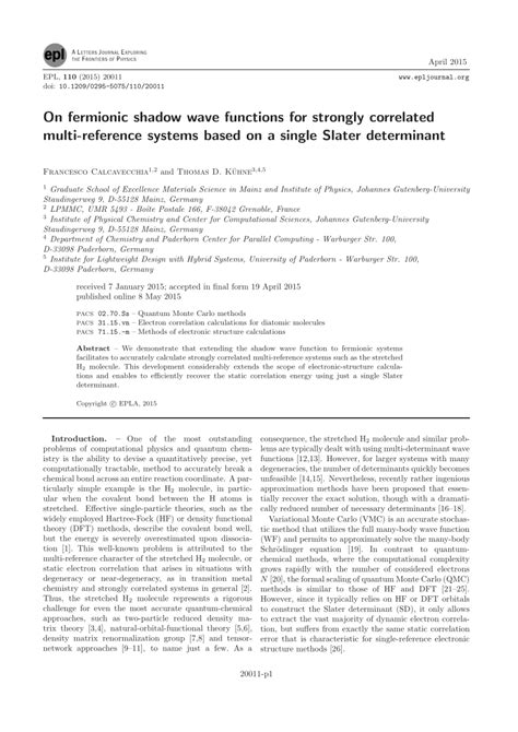 Pdf On Fermionic Shadow Wave Functions For Strongly Correlated Multi Reference Systems Based
