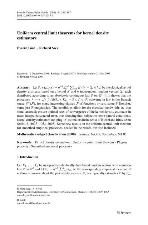 Pdf Uniform Central Limit Theorems For Kernel Density Estimators