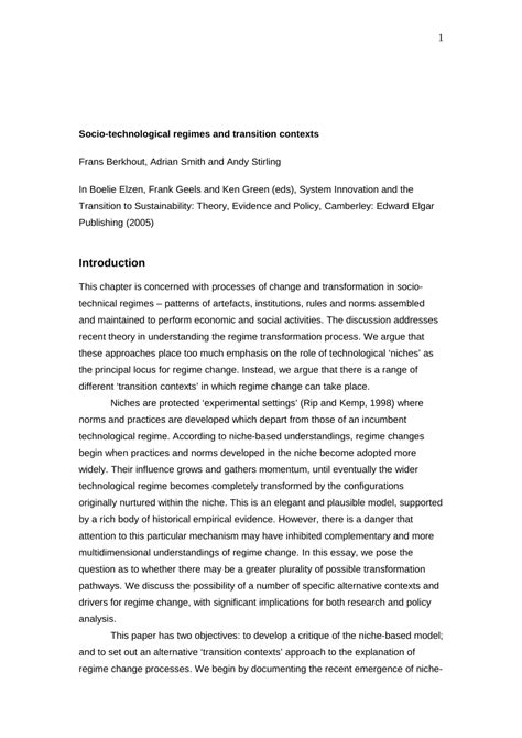 Pdf Socio Technological Regimes And Transition Contexts