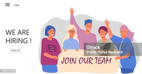 우리 팀 단어 벡터에 가입하여 소리를 지르고 배너를 찍는 사람들의 그룹 우리는 일러스트 개념을 고용하고 그것은 방문 페이지