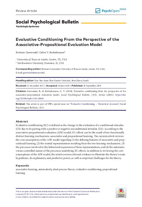 Pdf Evaluative Conditioning From The Perspective Of The Associative Propositional Evaluation