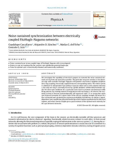 Pdf Noise Sustained Synchronization Between Electrically Coupled Fitzhugh Nagumo Networks