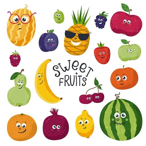 고립 된 재미있는 귀여운 과일 세트 프리미엄 벡터
