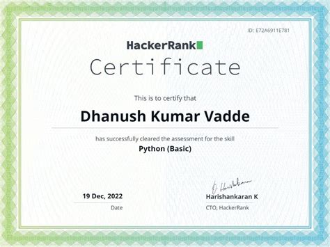 Dhanush Kumar Vadde On Linkedin Hackerrank Python Certification