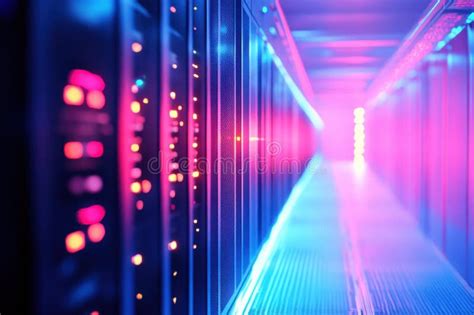 Vibrant Illuminated Data Center Showcasing Advanced Technology And Modern Server Racks Stock