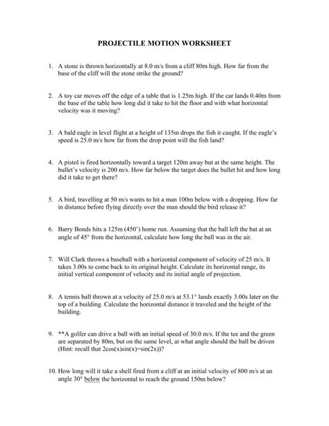 Projectile Motion Worksheet Physics Problems