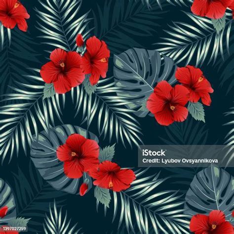 열대 빈티지 레드 히비스커스 꽃 녹색 야자 잎 이음새가 없는 무늬 짙은 녹색 배경 이국적인 정글 벽지 패턴에 대한 스톡 벡터 아트 및 기타 이미지 Istock