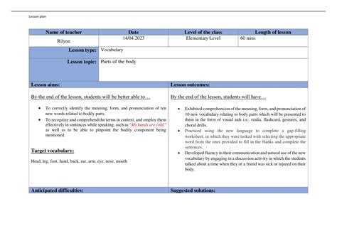 Tefl Assignment 1 Vocabulary Lesson Plan Parts Of The Body Tefl