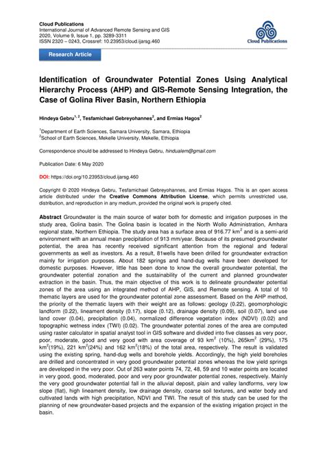 Pdf Identification Of Groundwater Potential Zones Using Analytical Hierarchy Process Ahp And