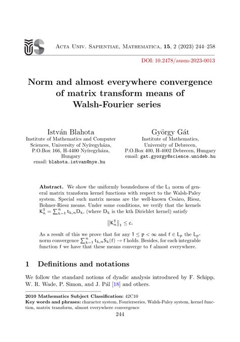 Pdf Norm And Almost Everywhere Convergence Of Matrix Transform Means Of Walsh Fourier Series