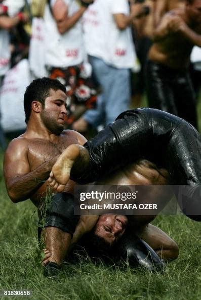 Turkish Oil Wrestlers Fight During The Kirkpinar Traditional Oil