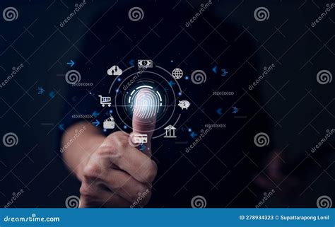 Cybersecurity Digital Technology Concept Businessman Use Fingerprints To Access Personal Stock