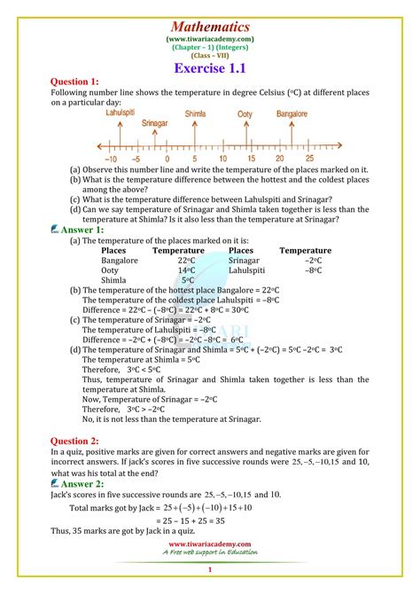 Ncert Solutions For Class 7 Maths Chapter 1 Integers