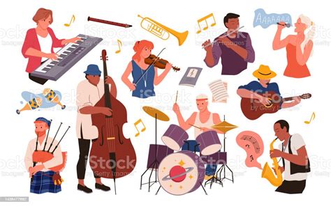 전문 오케스트라 음악 여가 취미 시간 가수 및 밴드 콘서트 공연 드러머 및 기타리스트 벡터 삽화 다양한 악기로 연주하는 다양한