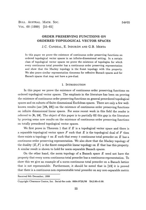 Pdf Order Preserving Functions On Ordered Topological Vector Spaces