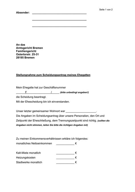Stellungnahme Zum Scheidungsantrag Des Ehegatten Amtsgericht