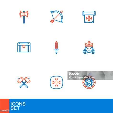 세트 라인 둥근 나무 방패 십자군 교차 전투 망치 공주 또는 여왕 골동품 보물 상자 중세 검 활과 화살 아이콘 벡터 The Crusades에 대한 스톡 벡터 아트 및 기타