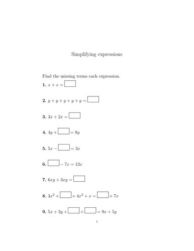 Simplifying Expressions Missing Terms Worksheet With Solutions