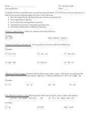 Factoring Review For Pre Calculus Types And Examples Course Hero