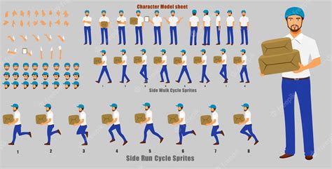 도보주기 및 실행주기 애니메이션 시퀀스가 포함 된 택배사 캐릭터 모델 시트 프리미엄 벡터