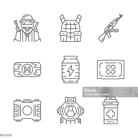 온라인 게임 인벤토리 선형 아이콘 세트입니다 군인 갑옷 무기 응급 처치 키트 음료 붕대 진통제 촬영 목표 가는 선 윤곽심 격리된 윤곽선 그림입니다 편집 가능한 스트로크 1에