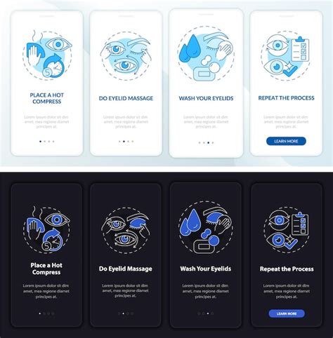 눈 위생 흰색 검정색 온보딩 모바일 앱 페이지 화면 개념이 포함된 준비 연습 4단계 그래픽 지침 선형 야간 및 주간 모드 일러스트레이션이 있는 Ui Ux Gui