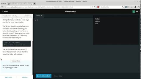 Codecademy Introduction To Ruby 1016 Single Line Comments Youtube