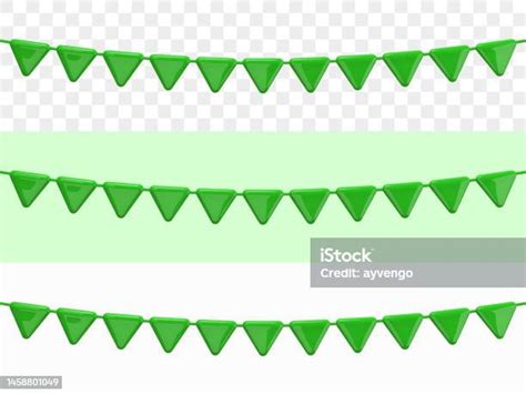 녹색 깃발의 화환 축제 파티 장식 디자인입니다 플라스틱 만화 스타일의 현실적인 3d 디자인 템플릿입니다 투명 녹색 및 흰색 배경에 격리 3d 벡터 그림 3차원 형태에 대한