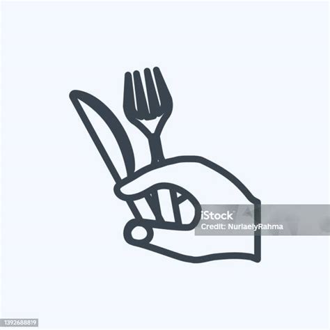 포크와 나이프를 들고 있는 아이콘 손 동작 기호에 적합합니다 선 스타일 편집 가능한 간단한 디자인 디자인 템플릿 벡터 간단한 기호 그림 가정 생활에 대한 스톡 벡터 아트 및