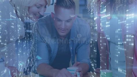 Diverse Group At Office Table With Digital Data Processing Animation Overlay Stock Video Video