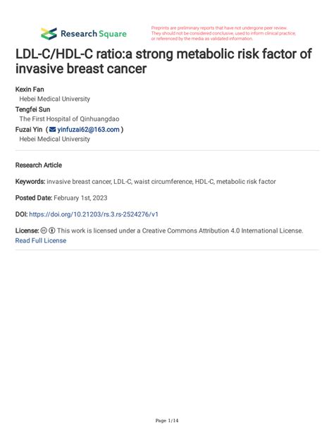 Pdf Ldl Chdl C Ratioa Strong Metabolic Risk Factor Of Invasive