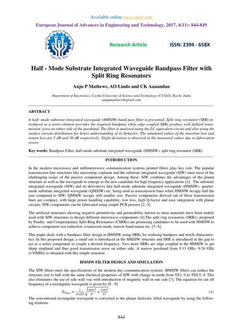 Pdf Half Mode Substrate Integrated Waveguide Bandpass Filter With Split Ring Resonators