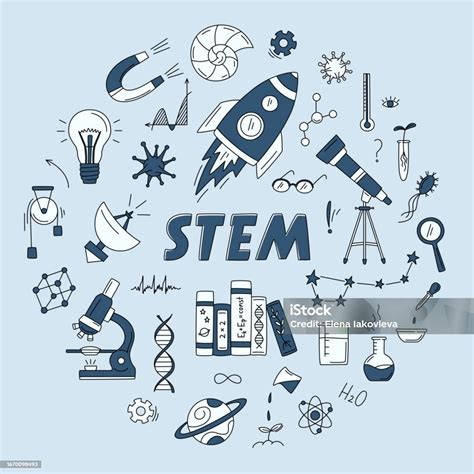로켓 별자리 망원경 현미경 플라스크 책 Dna 자석 행성 전파 망원경이 낙서 스타일로 원을 그리며 설정된 Stem 낙서 벡터 흑백 라인 아트 스케치 0명에 대한 스톡 벡터