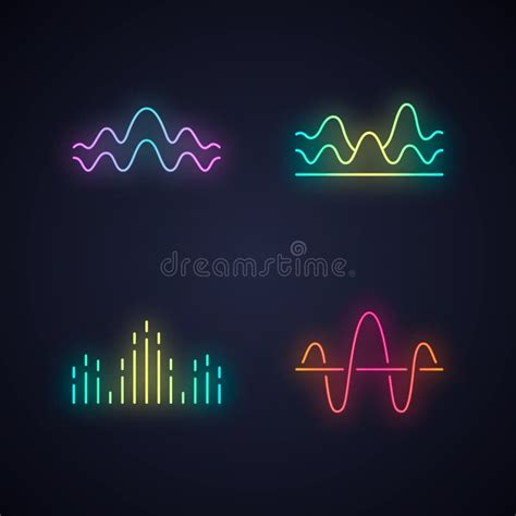 Sound Waves Neon Light Icons Set Glowing Signs Vibration Noise Amplitude Levels Soundwaves