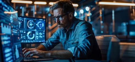 Man Analyzing Data On Multiple Computer Screens Premium Ai Generated Image