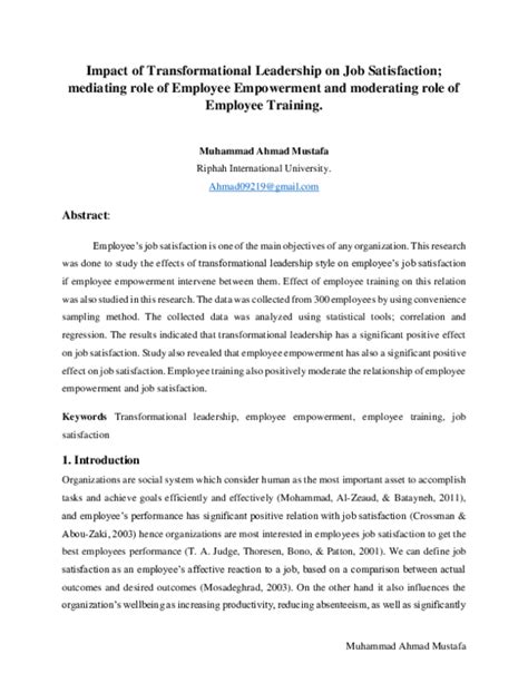 Pdf Impact Of Transformational Leadership On Job Satisfaction Mediating Role Of Employee