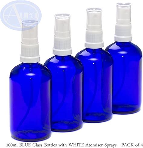 Aura 100ml Blue Glass Bottles With White Atomiser Sprays Pack Of 4 Uk Health