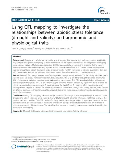 Pdf Using Qtl Mapping To Investigate The Relationships Between Abiotic Stress Tolerance