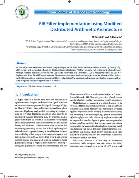 Pdf Fir Filter Implementation Using Modified Distributed Arithmetic Architecture Manoj