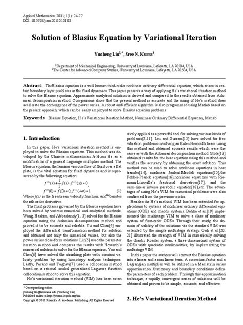 Solution Of Blasius Equation By Variational Iteration Yucheng Liu Sree N Kurra Pdf