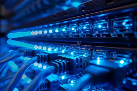 Network Server Room With Blue Ethernet Cable Lights Stock Image Image Of Database Clouds