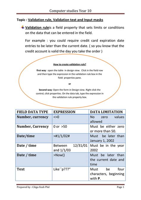 Create Validation Rules Validation Texts And Input Masks In Access Pdf