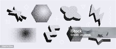 비트맵 텍스처 도형 집합입니다 하프톤 기하학적 개체 컬렉션을 디더링합니다 블랙 큐브 지그재그 별 볼트 꽃 육각형 요소 배너 포스터 전단지 Pixel 3d 래스터 효과 번들