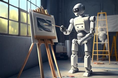 Робот художник с искусственным интеллектом рисует или генерирует